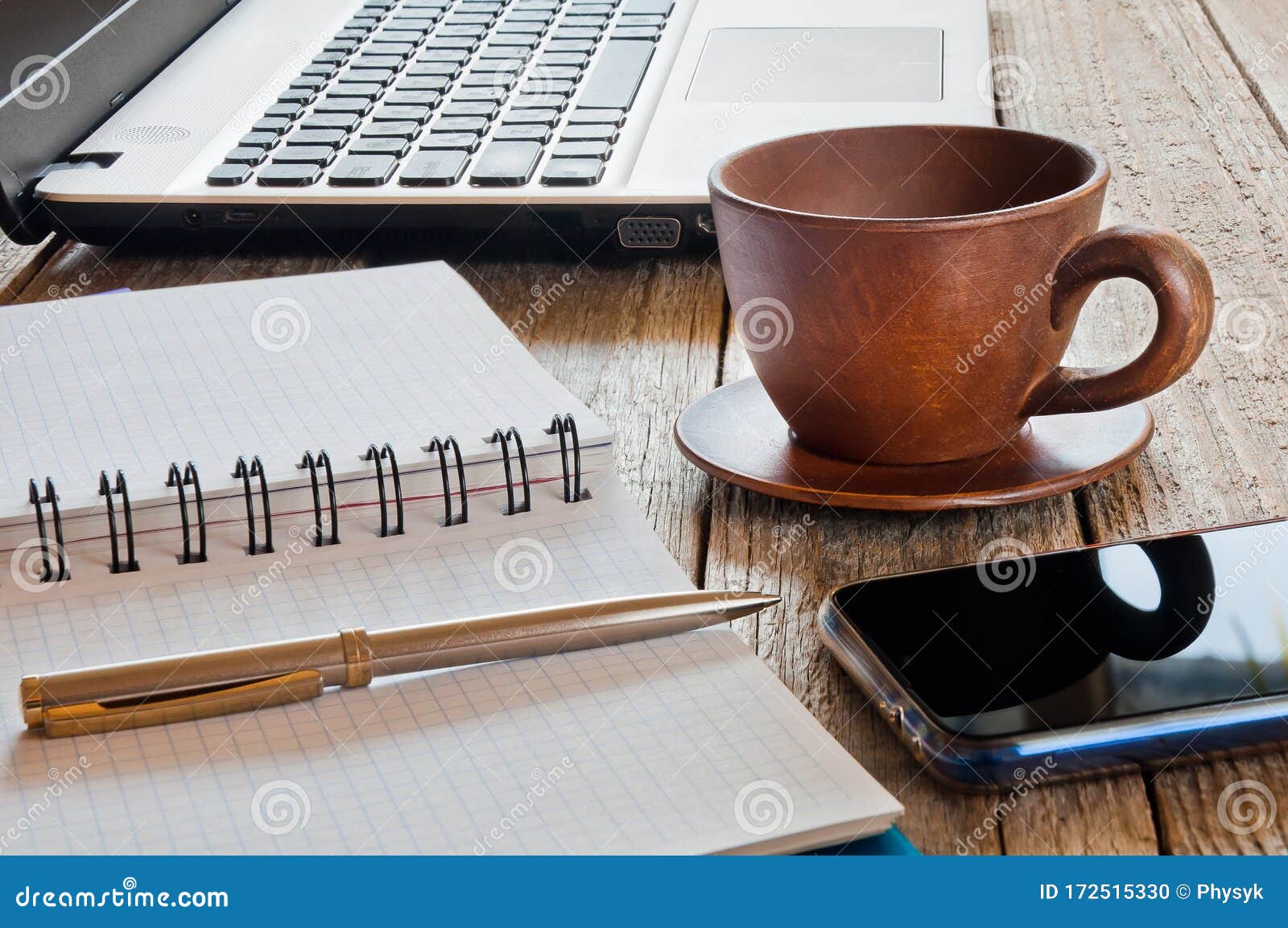Cup of Coffee, Laptop, Smartphone and Notebook with Pen on Wooden Table ...