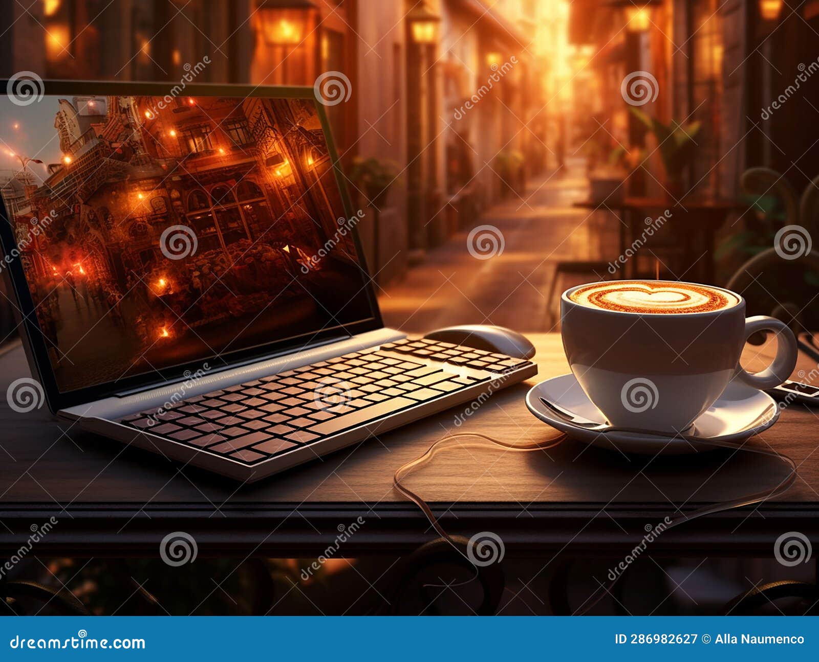 Cup of Coffee with Milk Working on the Computer. World Coffee Day ...