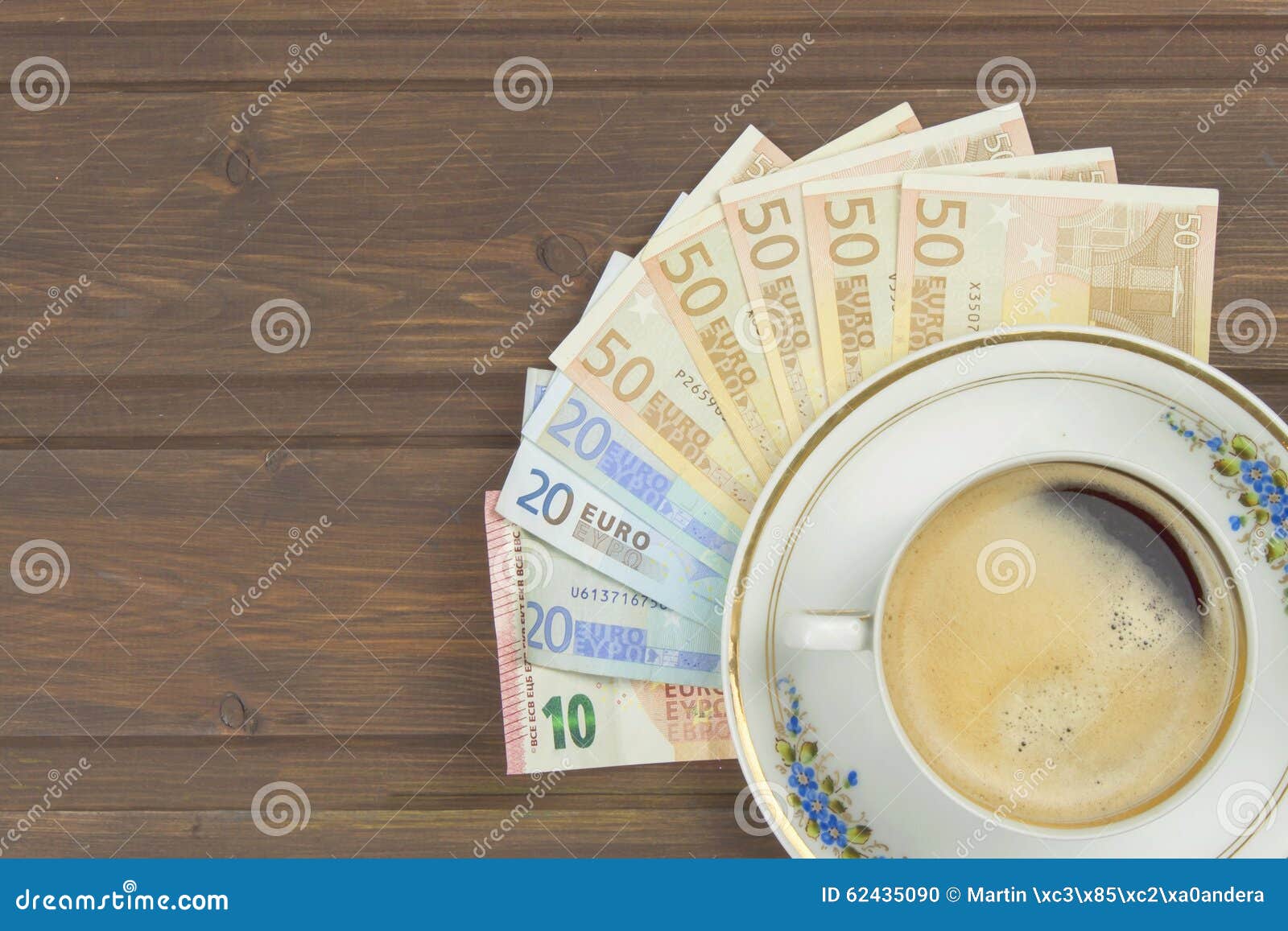 Cup of Coffee and Money. Valid Banknotes on a Wooden Table Stock Photo ...