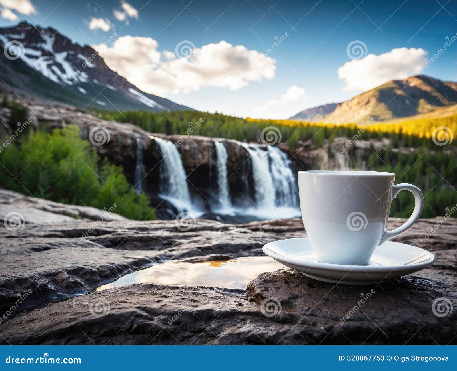 A Cup of Coffee on Nature Background with Waterfall Stock Image - Image ...