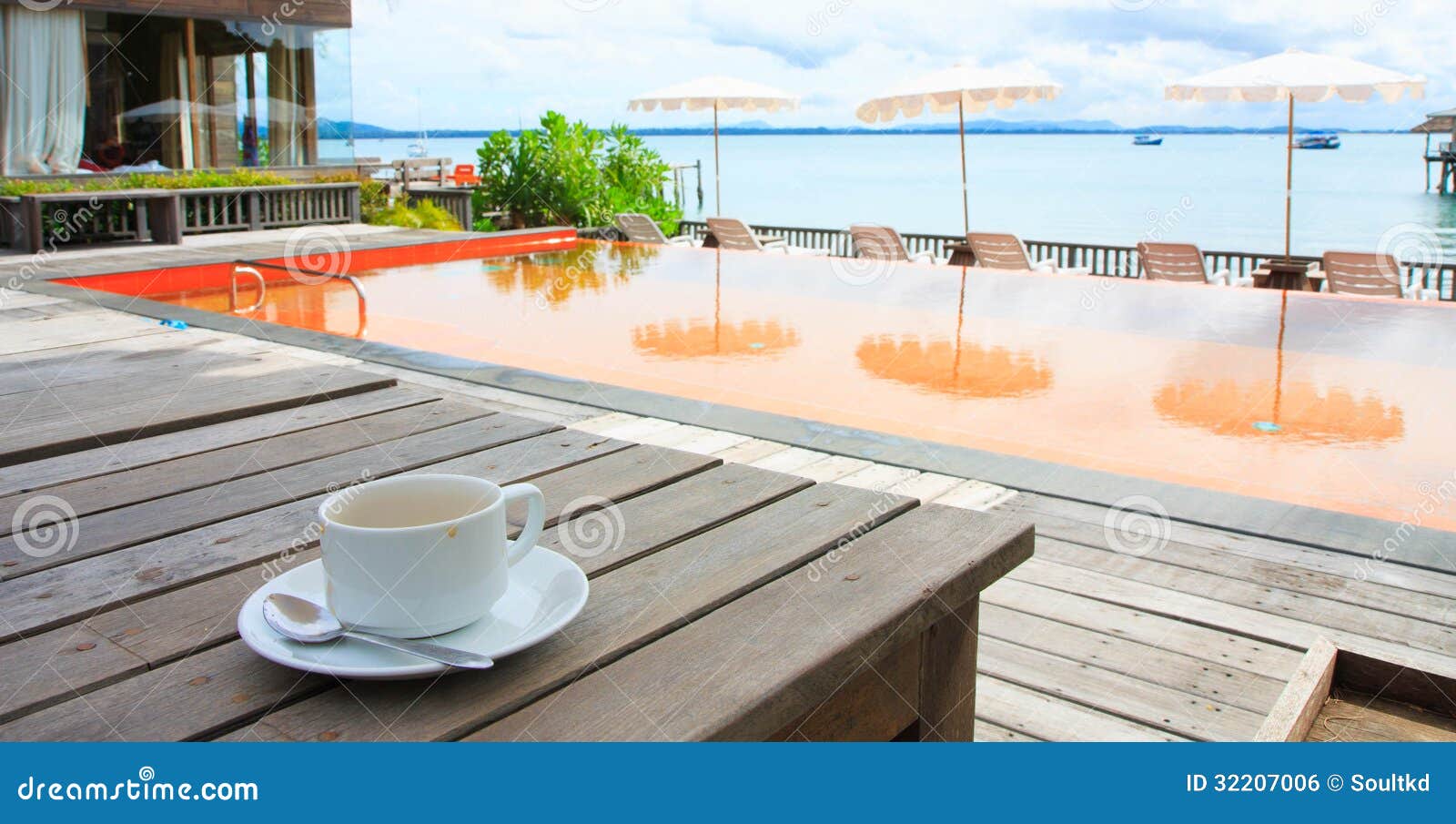 Cup of Coffee Near Beach and Pool Stock Photo - Image of grain, bean ...
