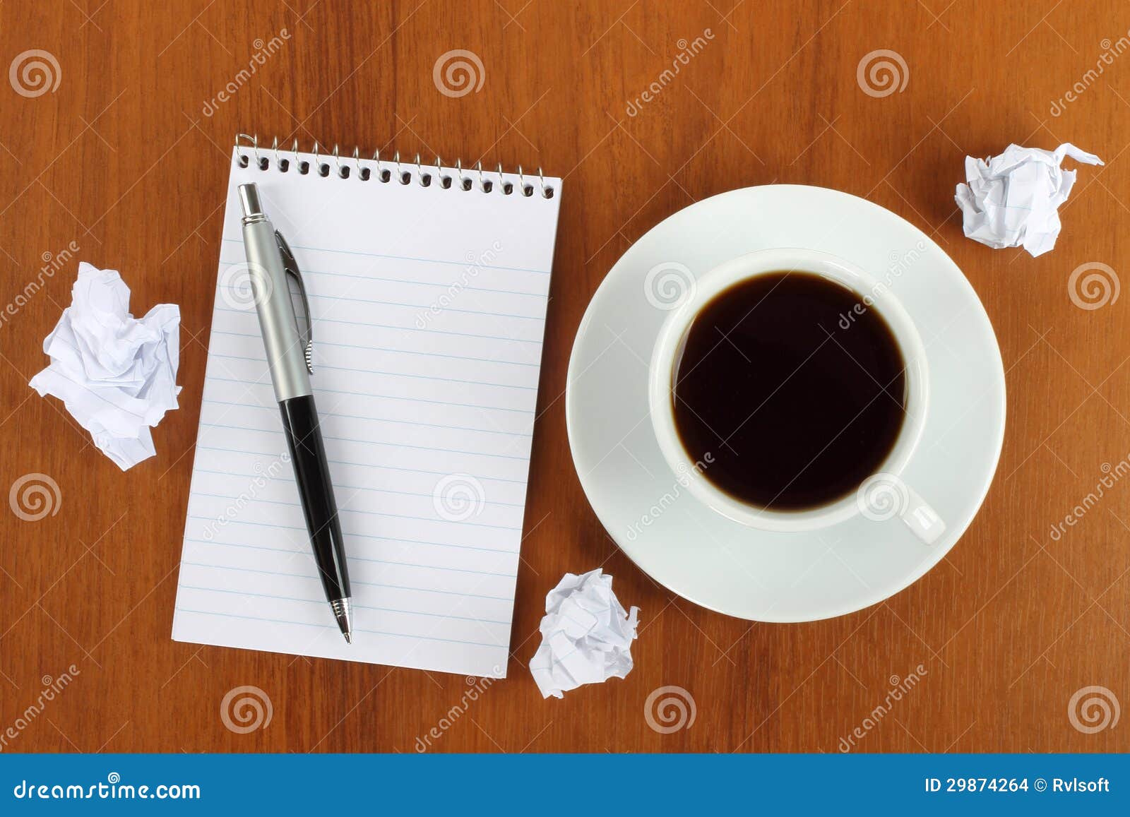 Cup of Coffee with Notepad, Pen and Crumpled Paper Stock Photo - Image ...