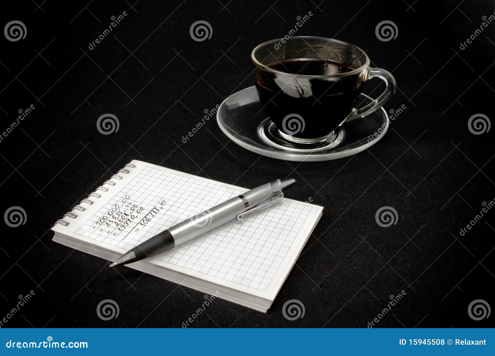 Cup of Coffee and a Notepad with a Pen on a Dark B Stock Photo - Image ...