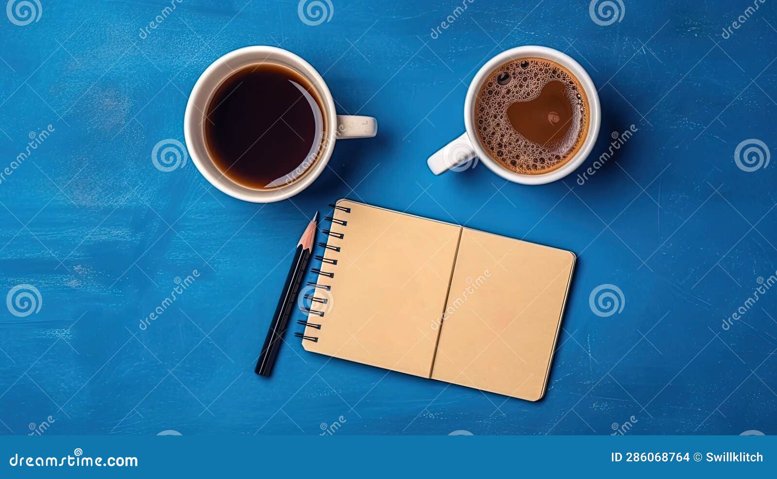 Cup of Coffee and Notepad with Pen, Top View. Generated AI. Stock Photo ...