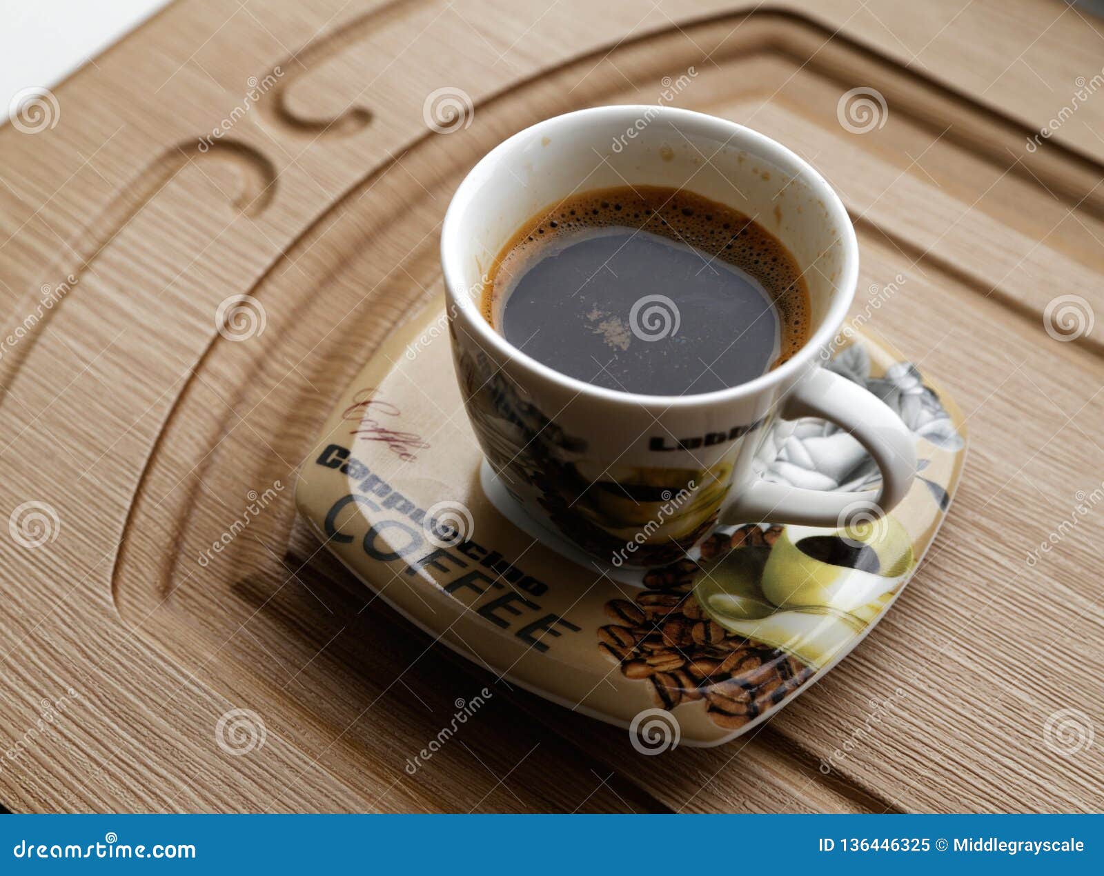 Cup of coffee on the plank stock image. Image of brew - 136446325