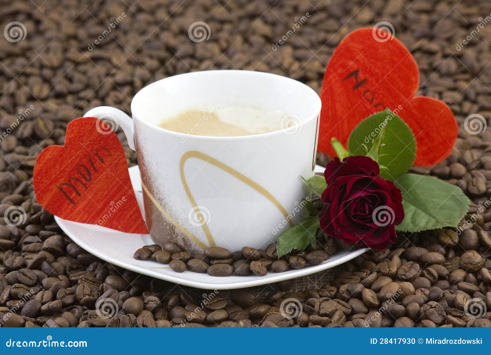 Cup of Coffee, Red Rose and Hearts Stock Photo - Image of aroma, peper ...