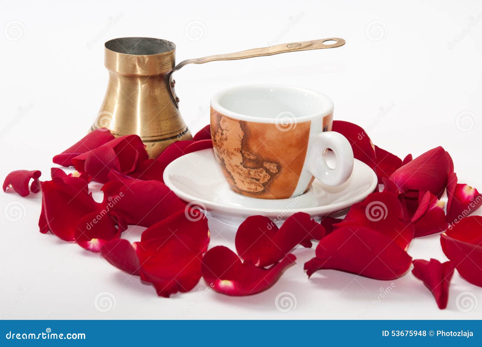 Cup Of Coffee And Red Rose Petals Over White Background Stock Photo ...