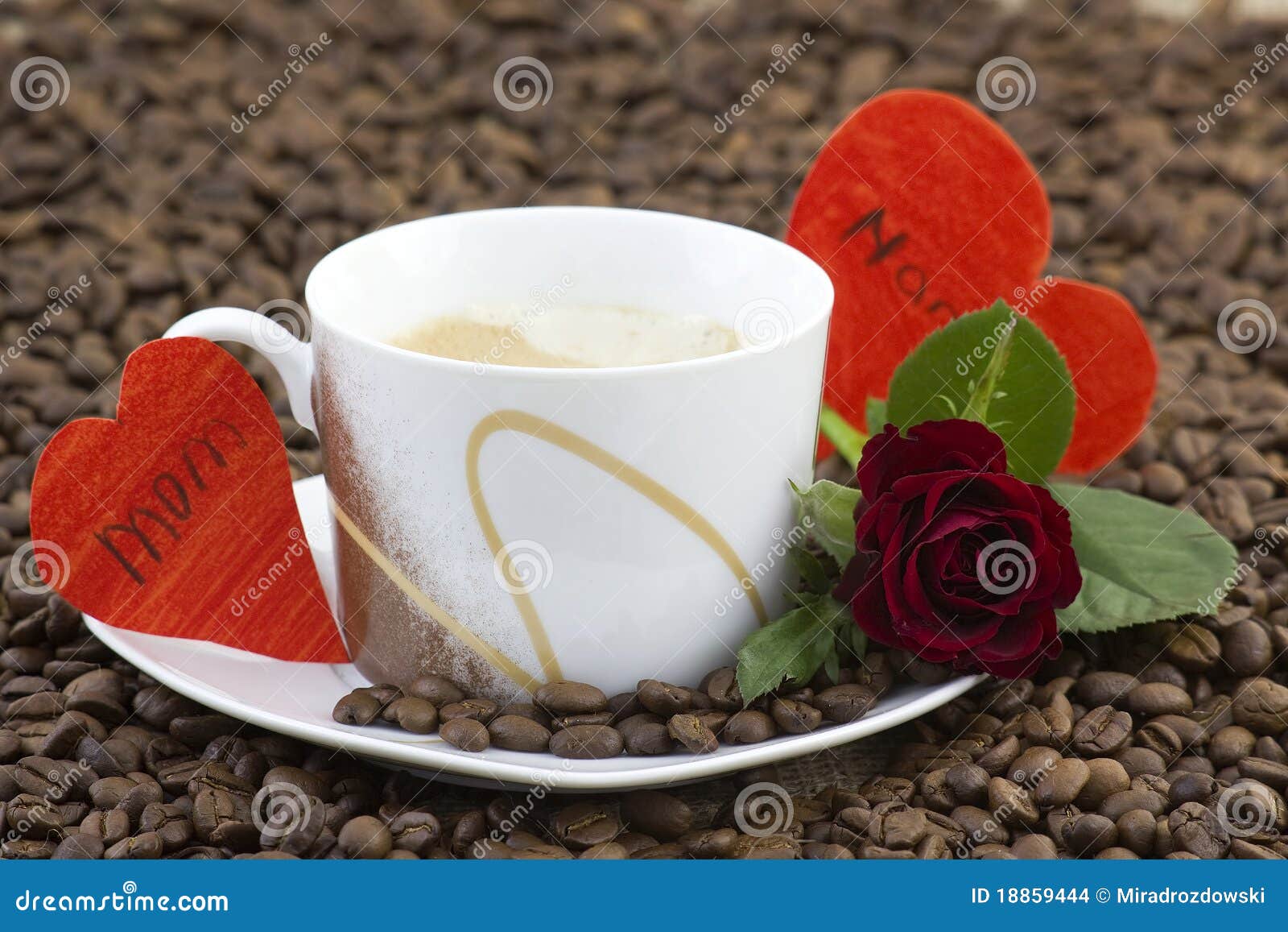 Cup of Coffee, Red Roses and Hearts Stock Photo - Image of black ...