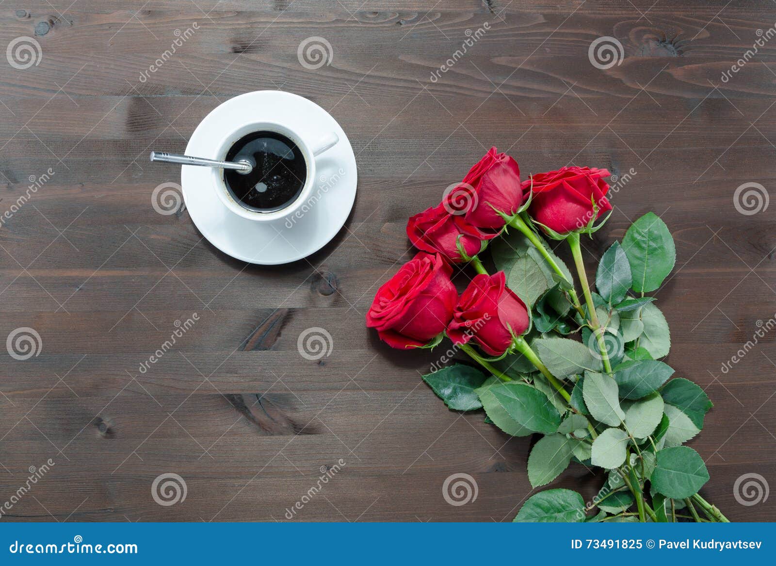 Cup of Coffee and Red Roses Stock Image - Image of flower, bunch: 73491825