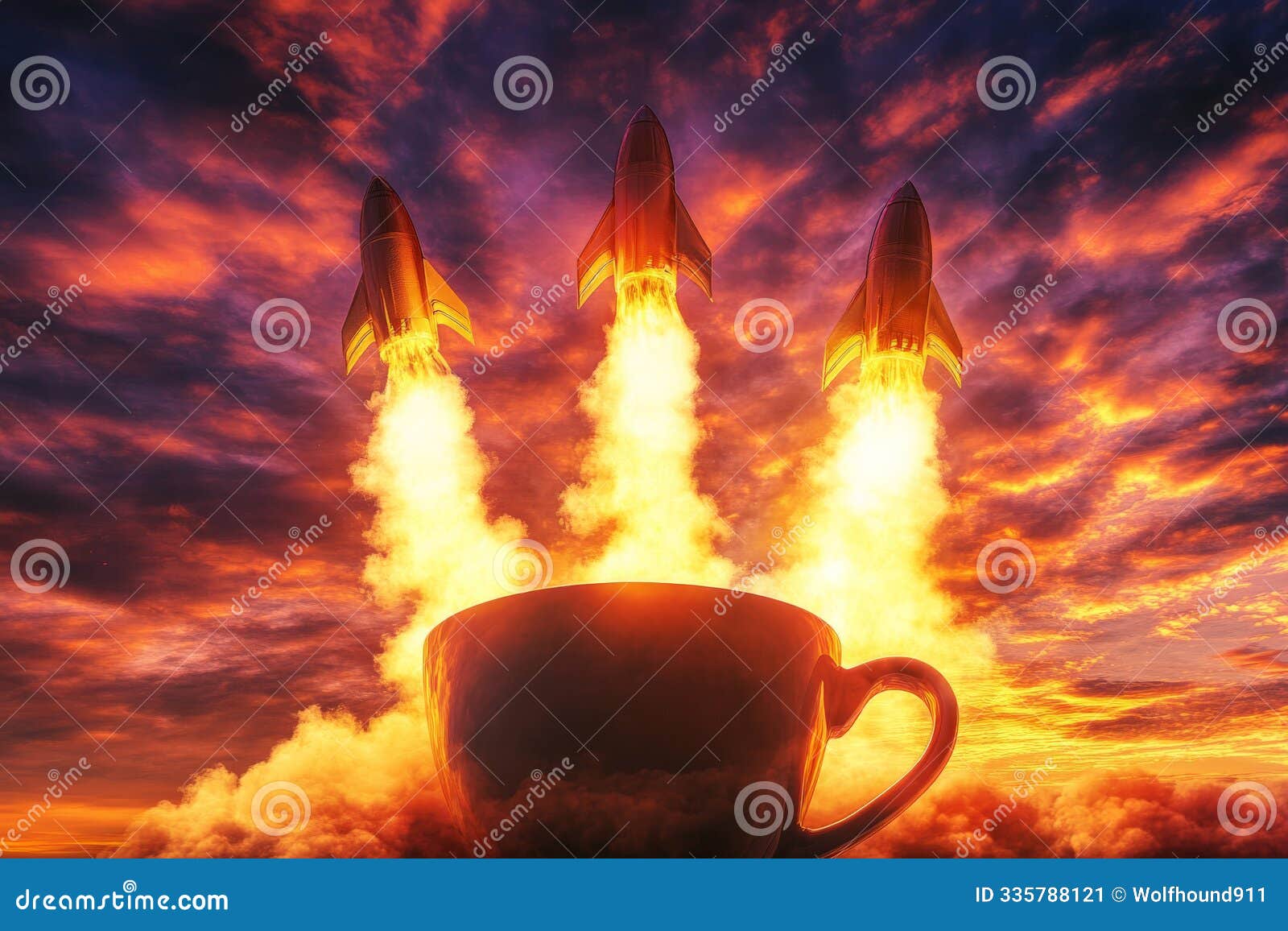 A Cup of Coffee with Rocket Boosters Attached, Launching into the Sky ...