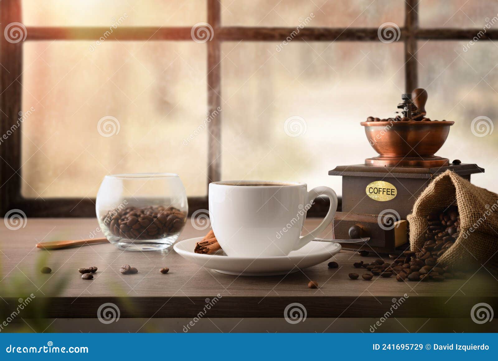Cup Coffee Sack and Grinder on Window Ledge Front View Stock Image ...