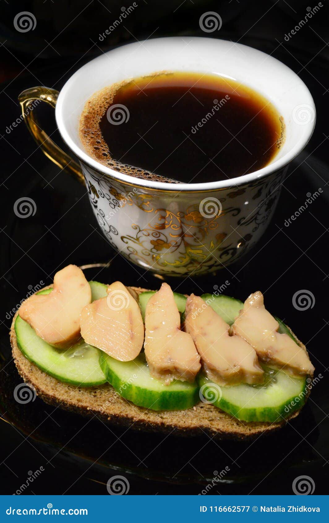 Cup of Coffee and Sandwich with Cod Liver Stock Image - Image of ...