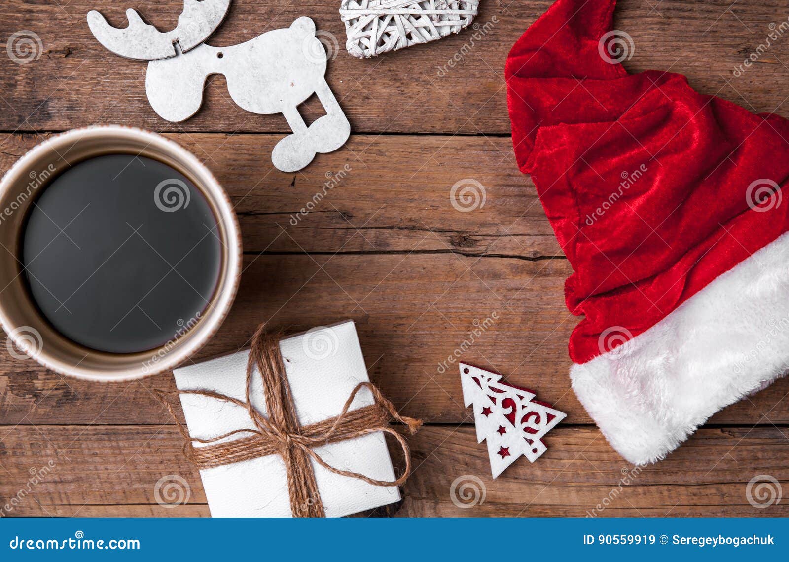 Cup of Coffee and Santas Hat, Christmas Set, Gift and Christmas Tree ...