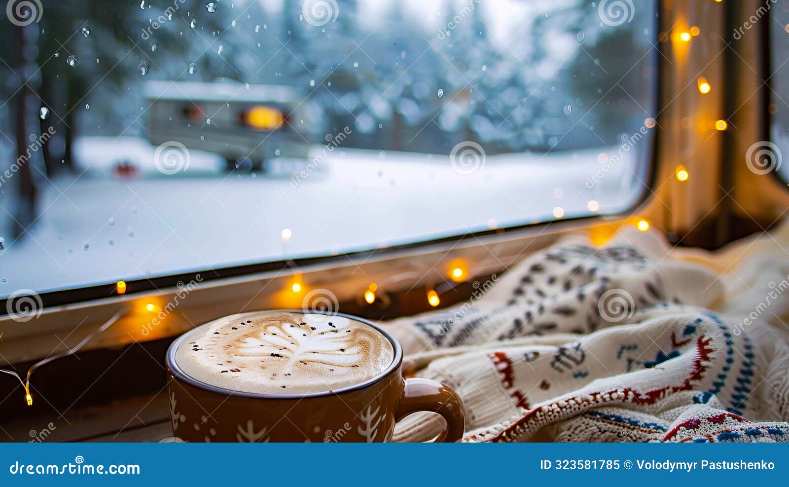 A Cup of Coffee Sits on a Window Sill with Snow Falling Outside Stock ...