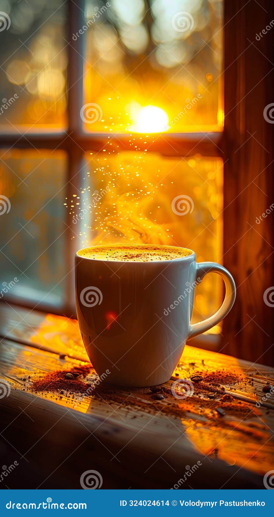 A Cup of Coffee Sits on a Window Sill with the Sun Setting Stock Photo ...