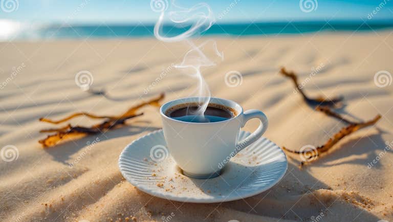 Cup of Coffee is Sitting on a Plate on a Sandy Beach Stock Photo ...