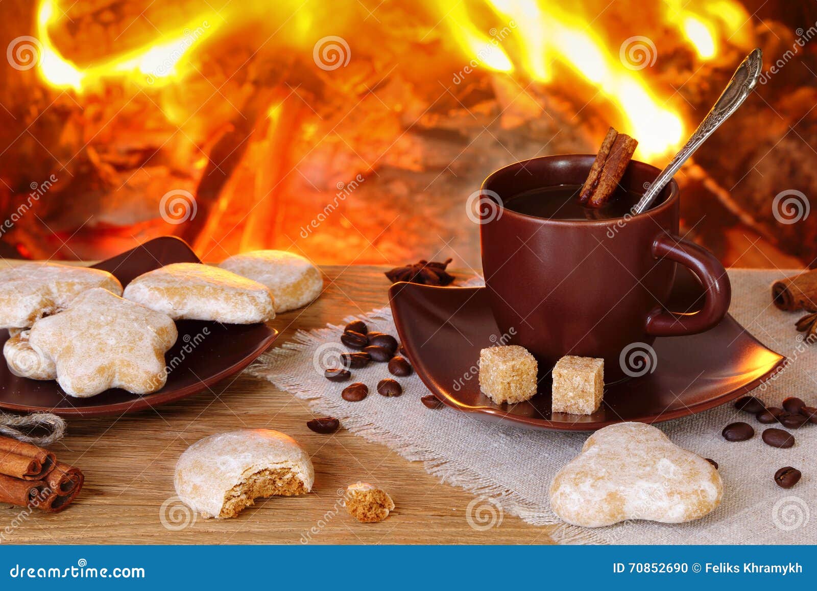 Cup of Coffee with Spices in the Background of a Burning Firepl Stock ...
