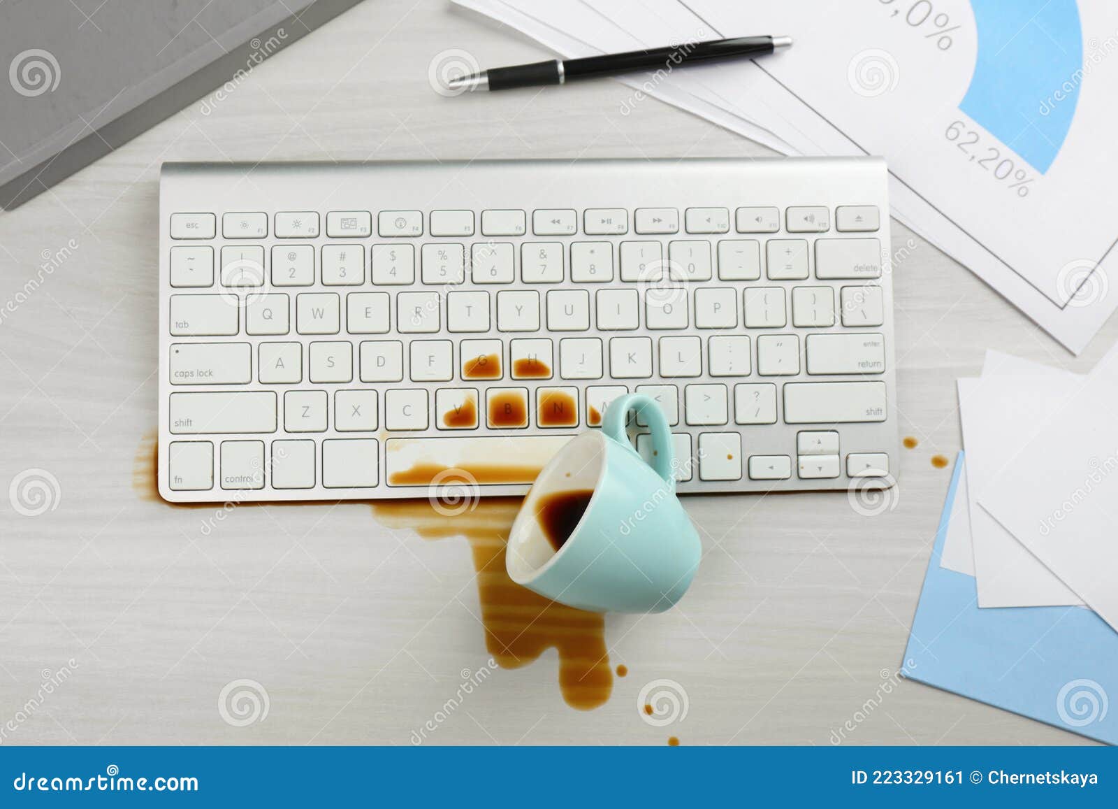 Cup of Coffee Spilled Over Computer Keyboard on White Office Desk, Flat ...