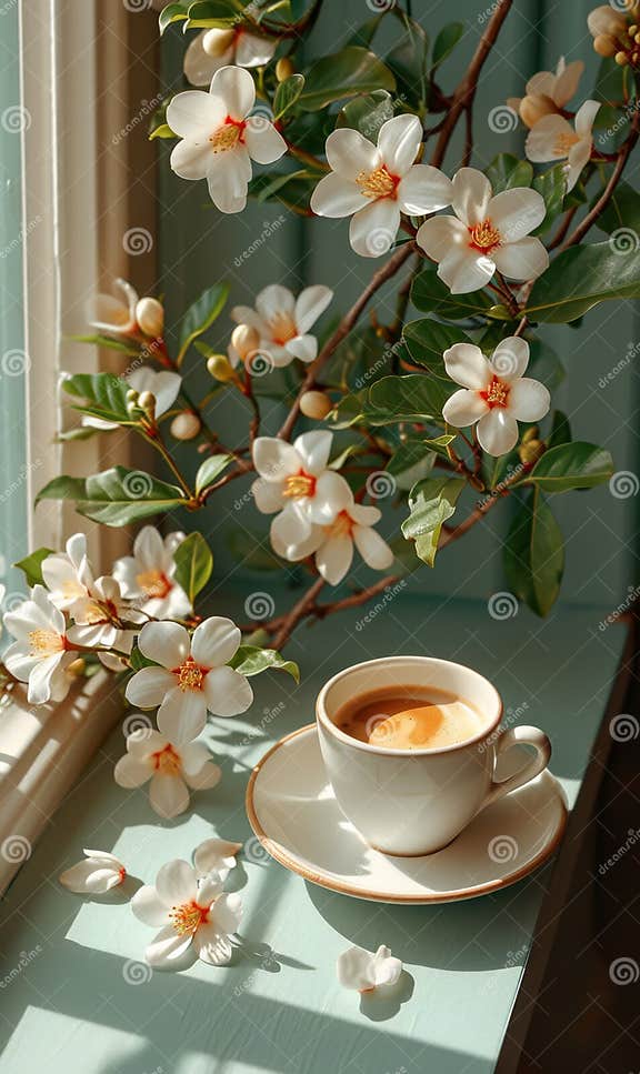 Cup of Coffee with Spring Flowers Stock Image - Image of white, cafe ...