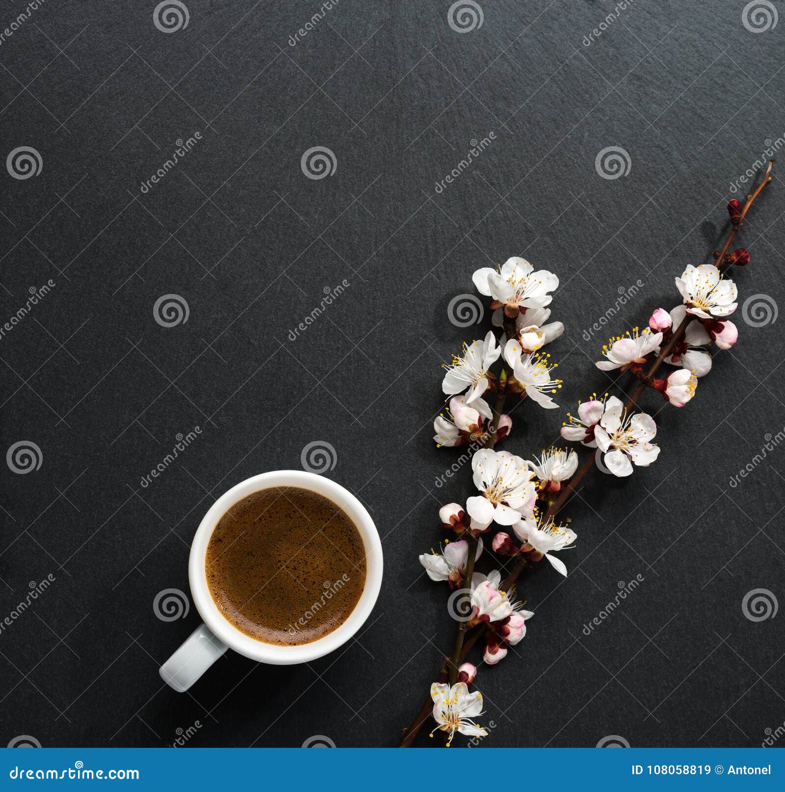 Cup of Coffee and Spring Flowers on Pink Wooden Table. Stock Image ...