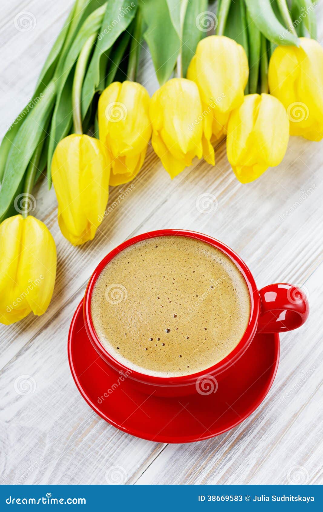 Cup of Coffee and Spring Yellow Tulips Stock Image - Image of leisure ...