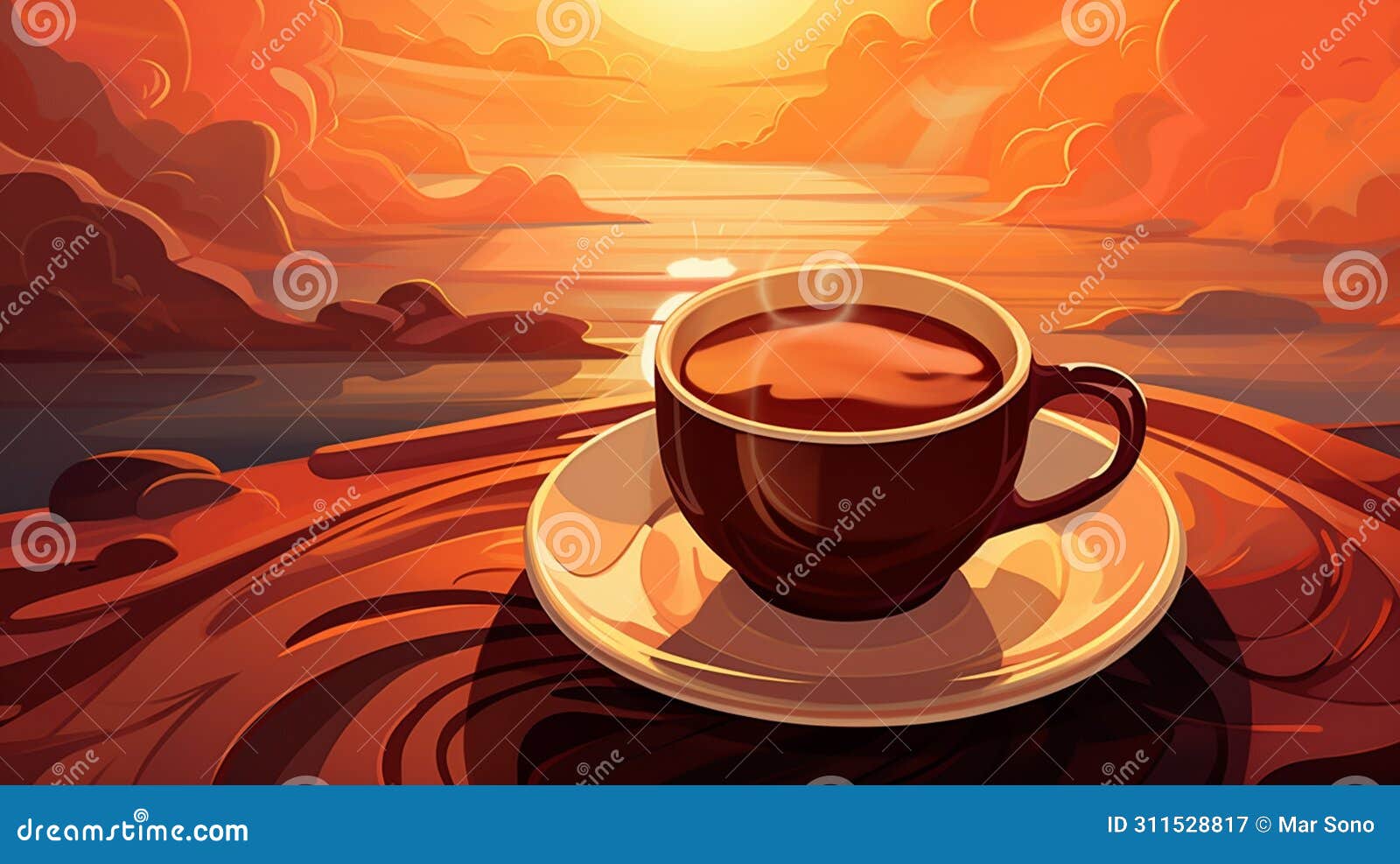 Cup of Coffee on the Sunset Sky Background. Vector Illustration Stock ...