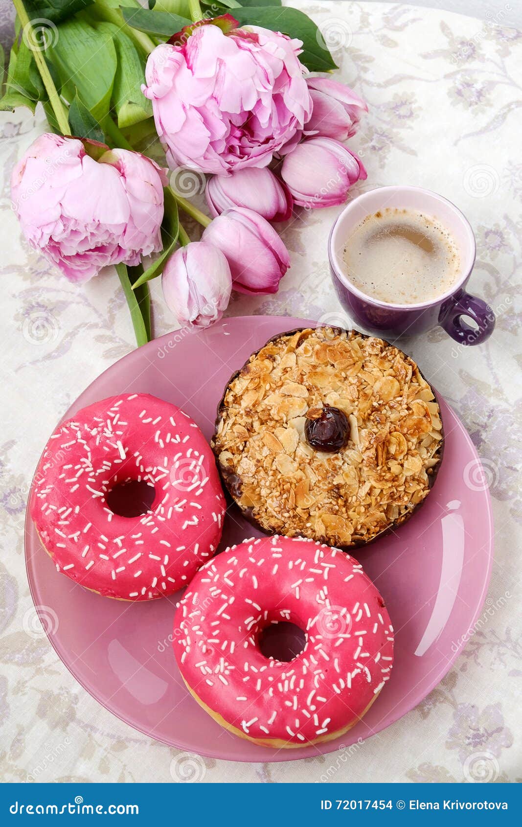 A Cup of Coffee, Sweets and Rose Flowers on the Table Stock Photo ...