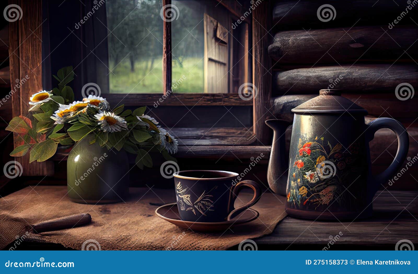 A Cup of Coffee on the Table in an Old Cozy Rustic House, Generative AI ...