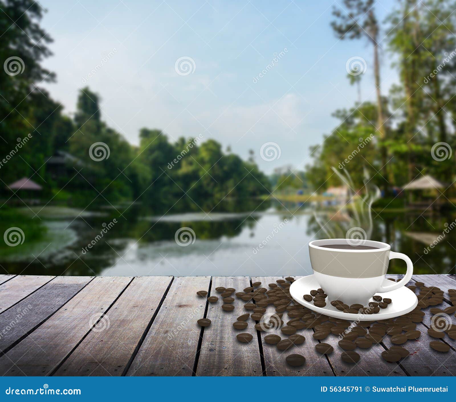 Cup with Coffee on Table Over Lake Stock Image - Image of aroma, spring ...