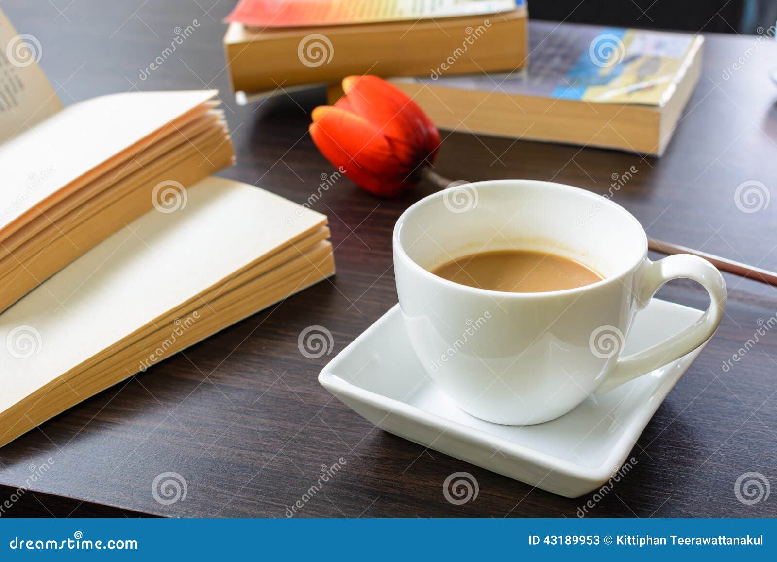 Cup of Coffee with Tulip and Book Stock Image - Image of morning ...