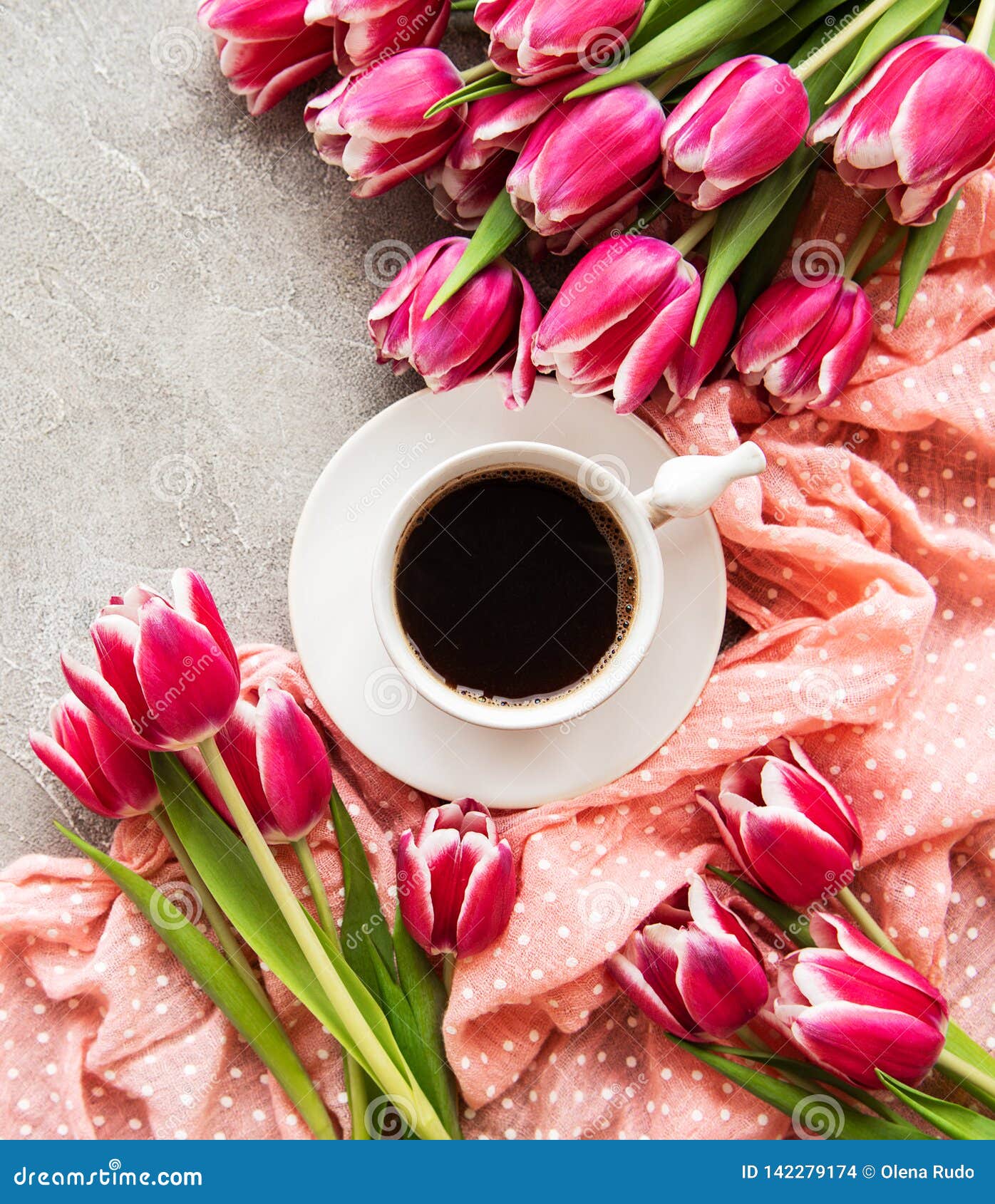 Cup of coffee and tulips stock photo. Image of flat - 142279174