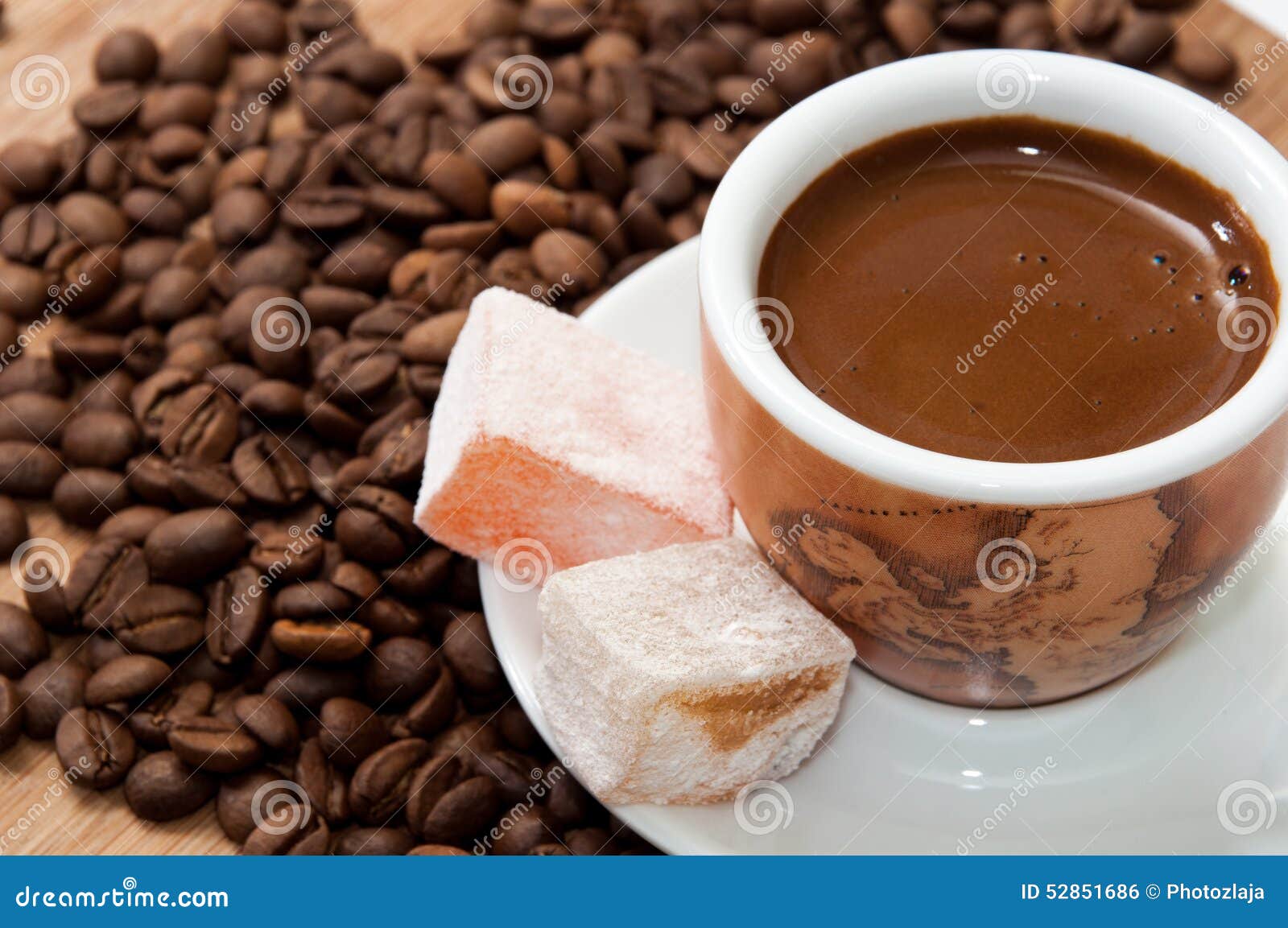A Cup of Coffee and Turkish Delight on a Wooden Board and Raw Co Stock ...