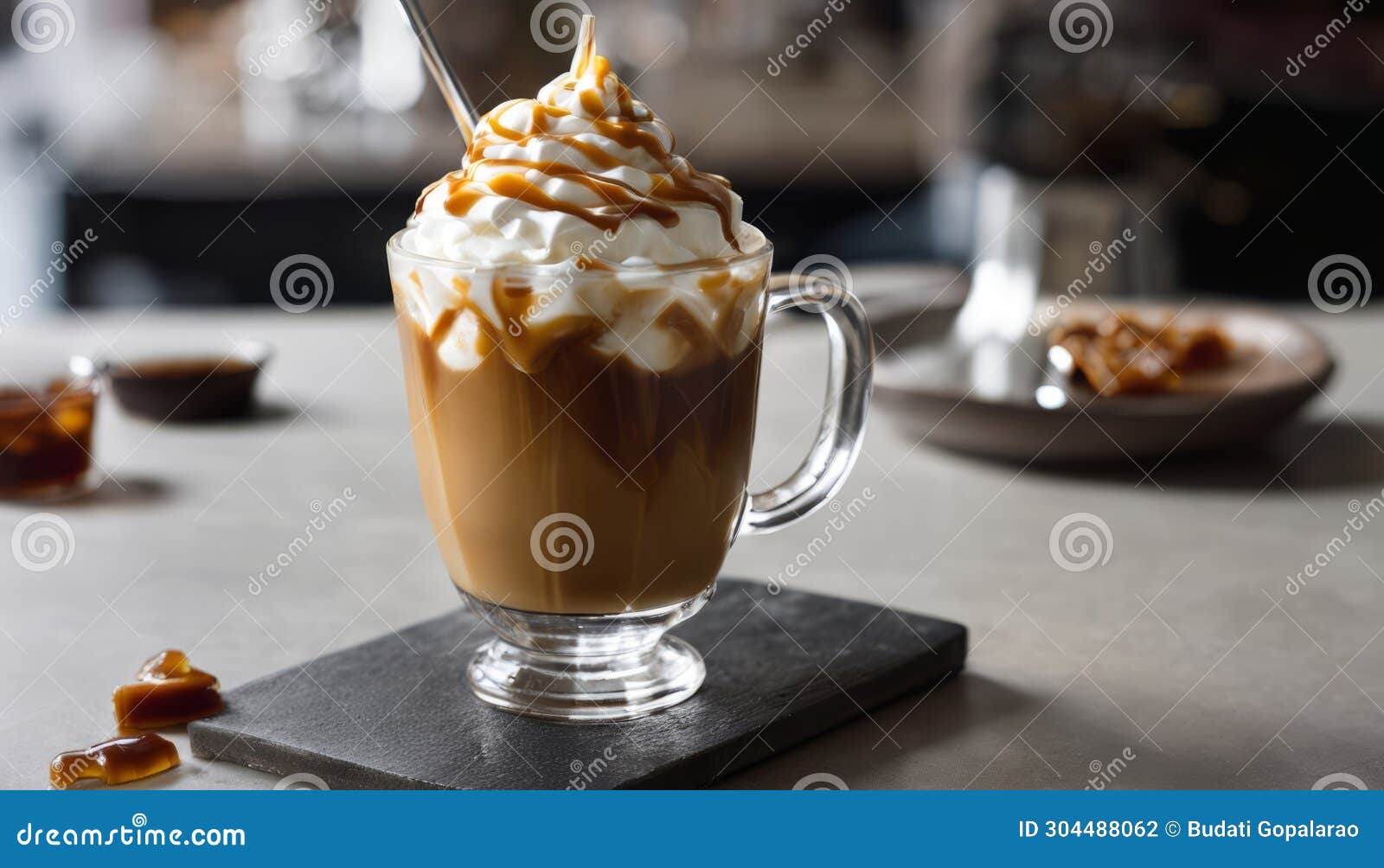A Cup of Coffee with Whipped Cream and Caramel Drizzle Stock ...