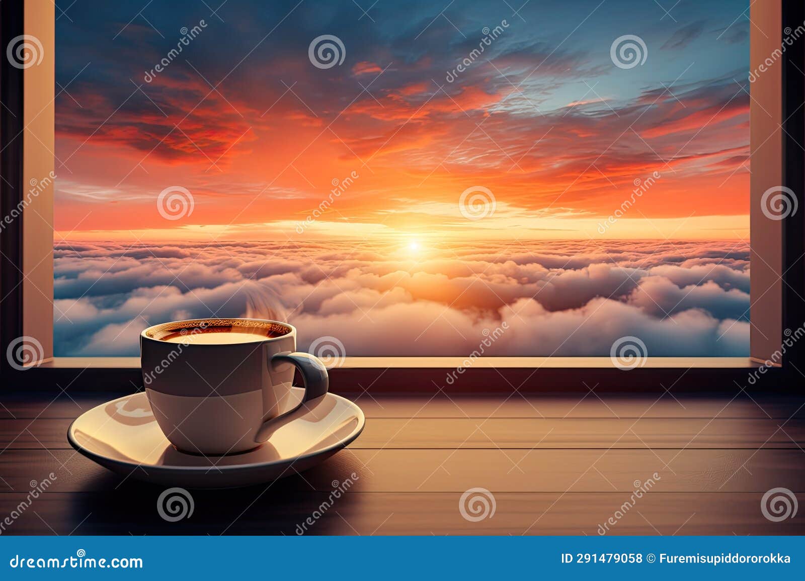 Cup of Coffee on the Window with a View of the Sunrise Stock ...