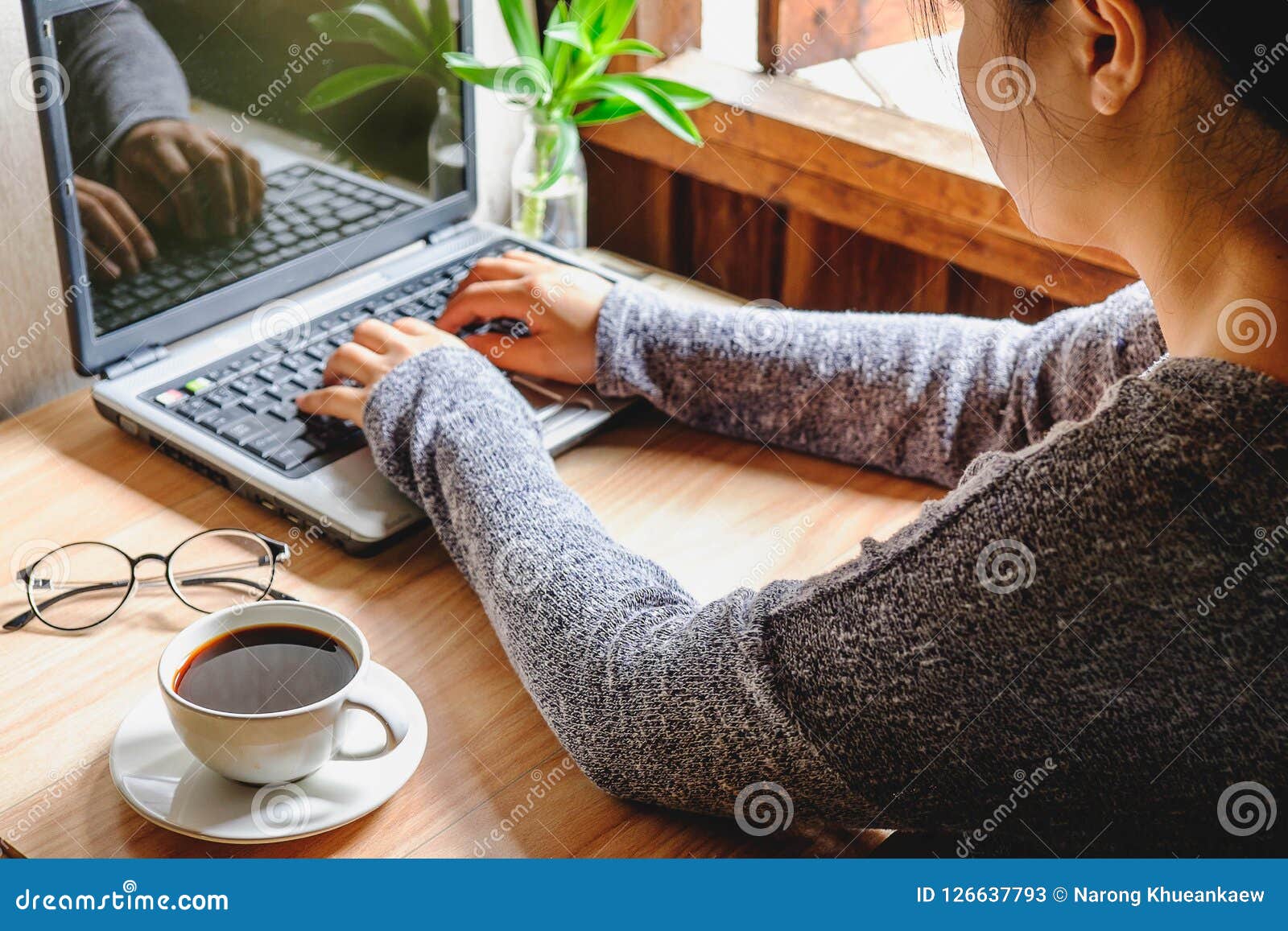 A Cup of Coffee on a Woman`s Work Stock Image - Image of coffee, online ...