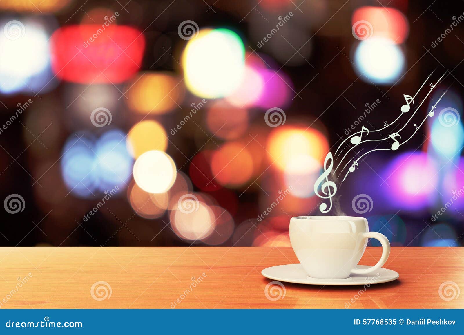 Cup of Coffee on a Wooden Table in a Cafe and Musical Notes Stock Image ...