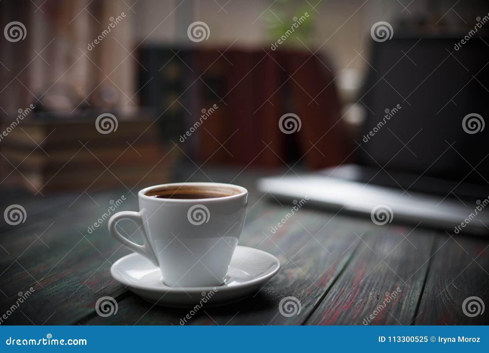 A Cup of Coffee in the Workplace on a Wooden Table. Stock Image - Image ...