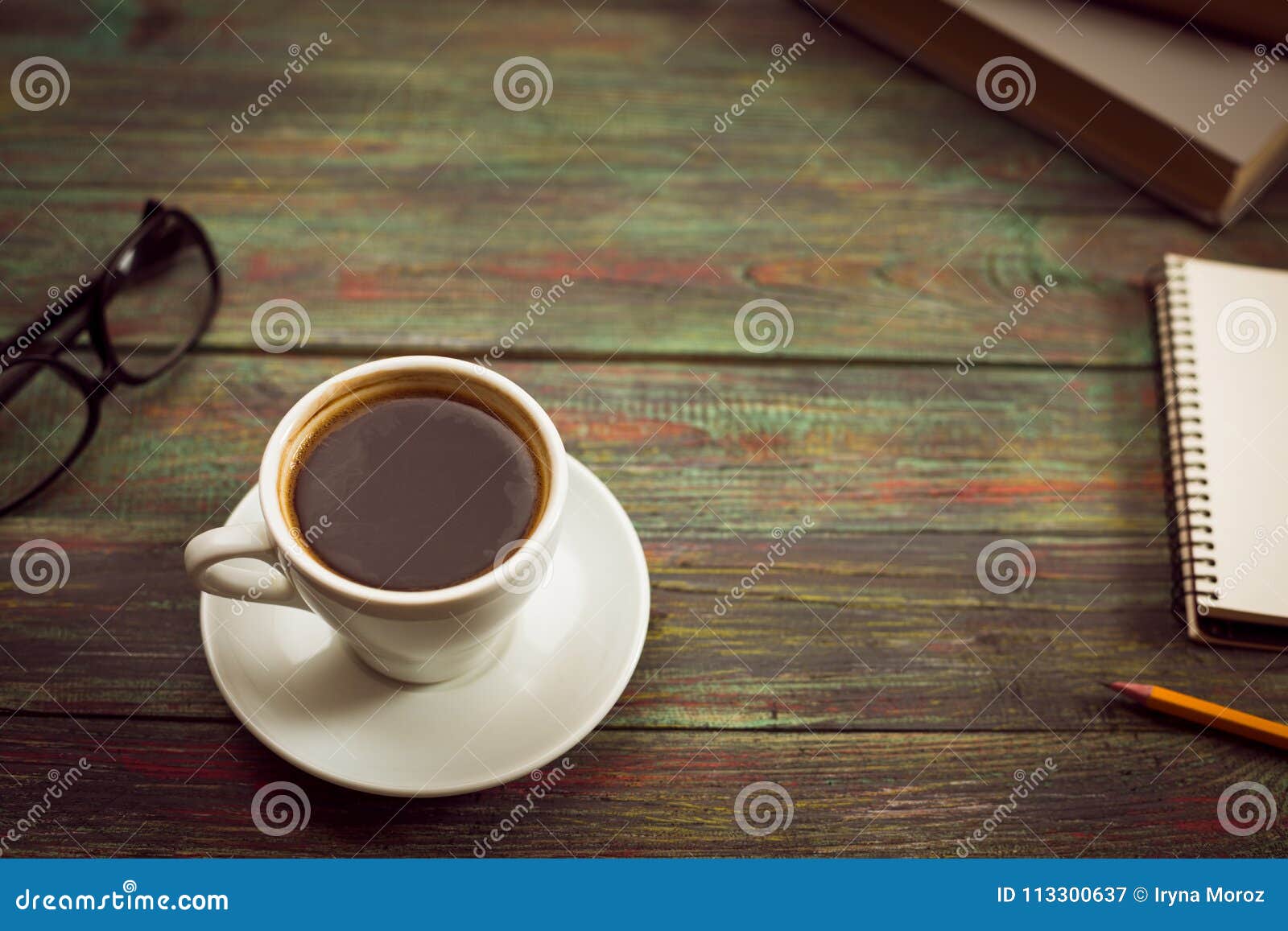 A Cup of Coffee in the Workplace on a Wooden Table. Stock Image - Image ...