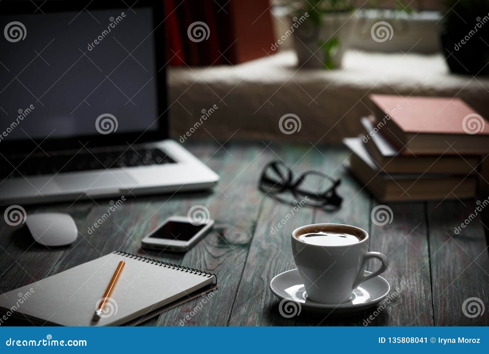 A Cup of Coffee in the Workplace on a Wooden Table Stock Image - Image ...
