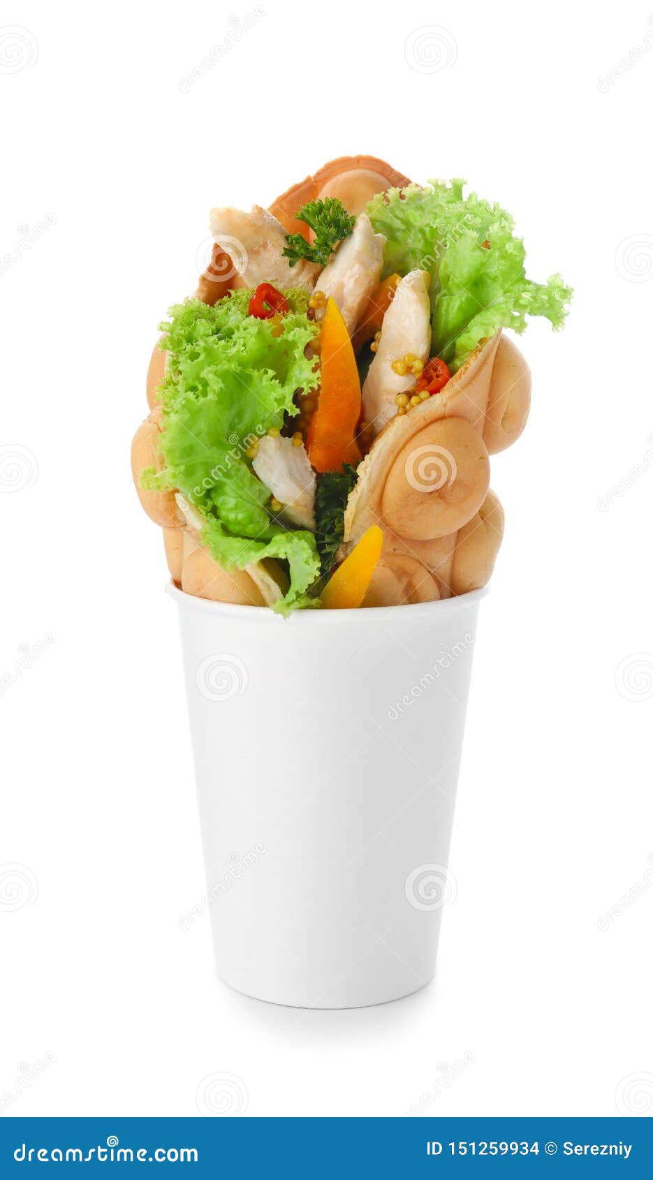 Cup with Delicious Bubble Waffle on White Background Stock Photo ...