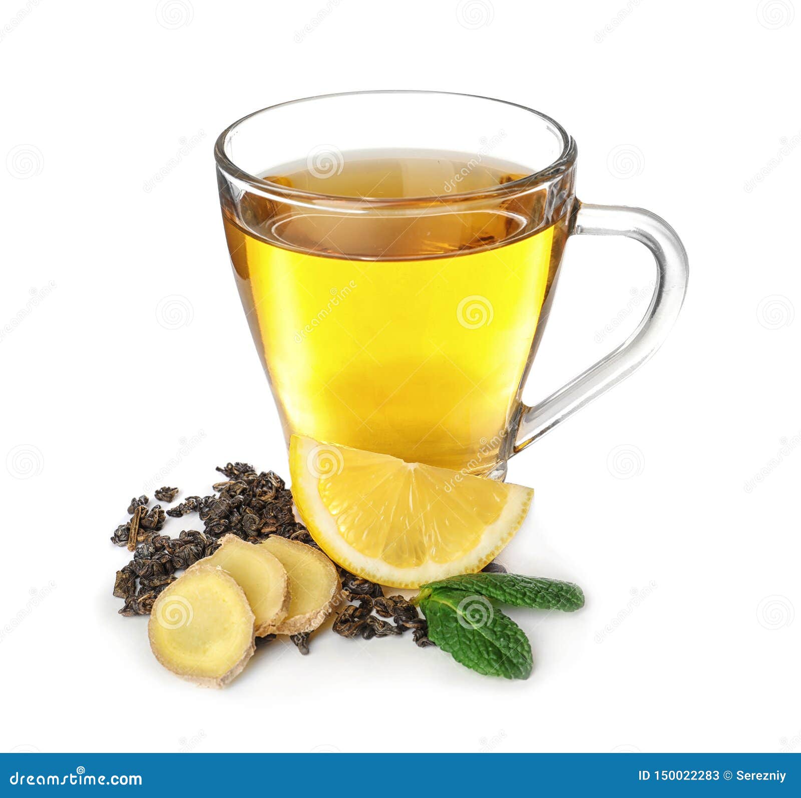 Cup of Delicious Tea with Mint, Lemon and Ginger on White Background ...