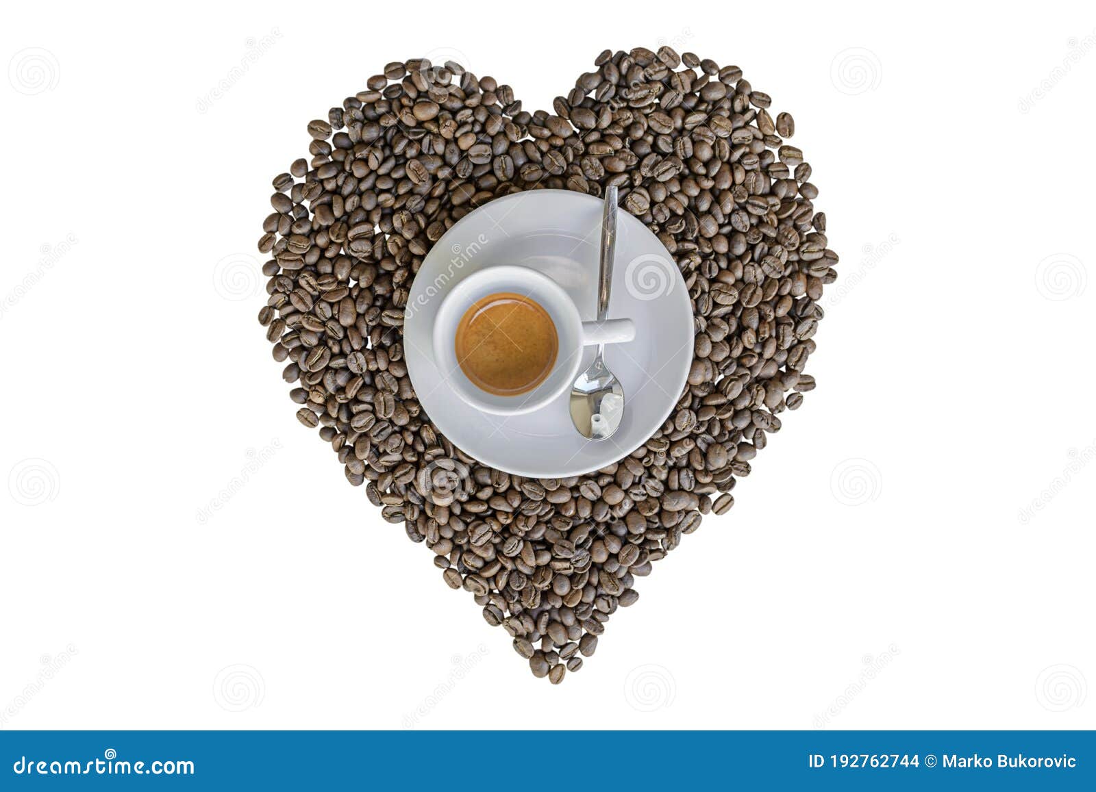 Cup of Espresso Coffee and Coffee Bean Hart Drawing on White Table ...