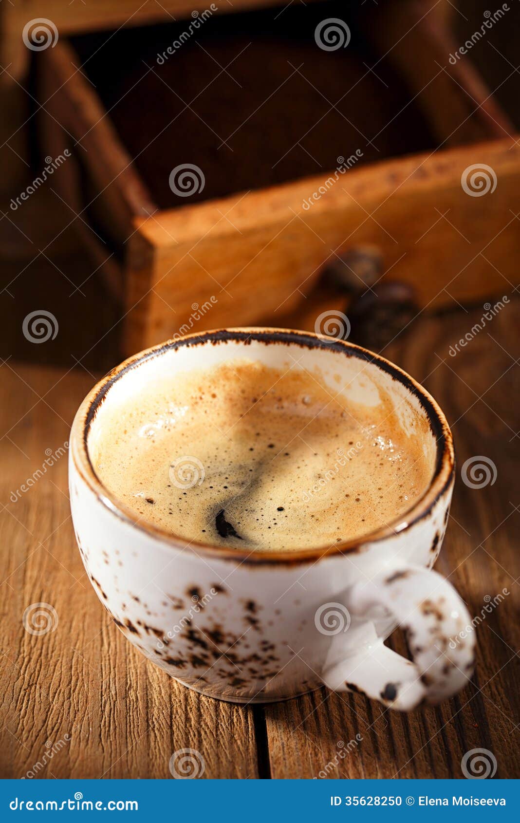 A Cup of Espresso Coffee with Old Coffee Mill Textured Table Stock ...