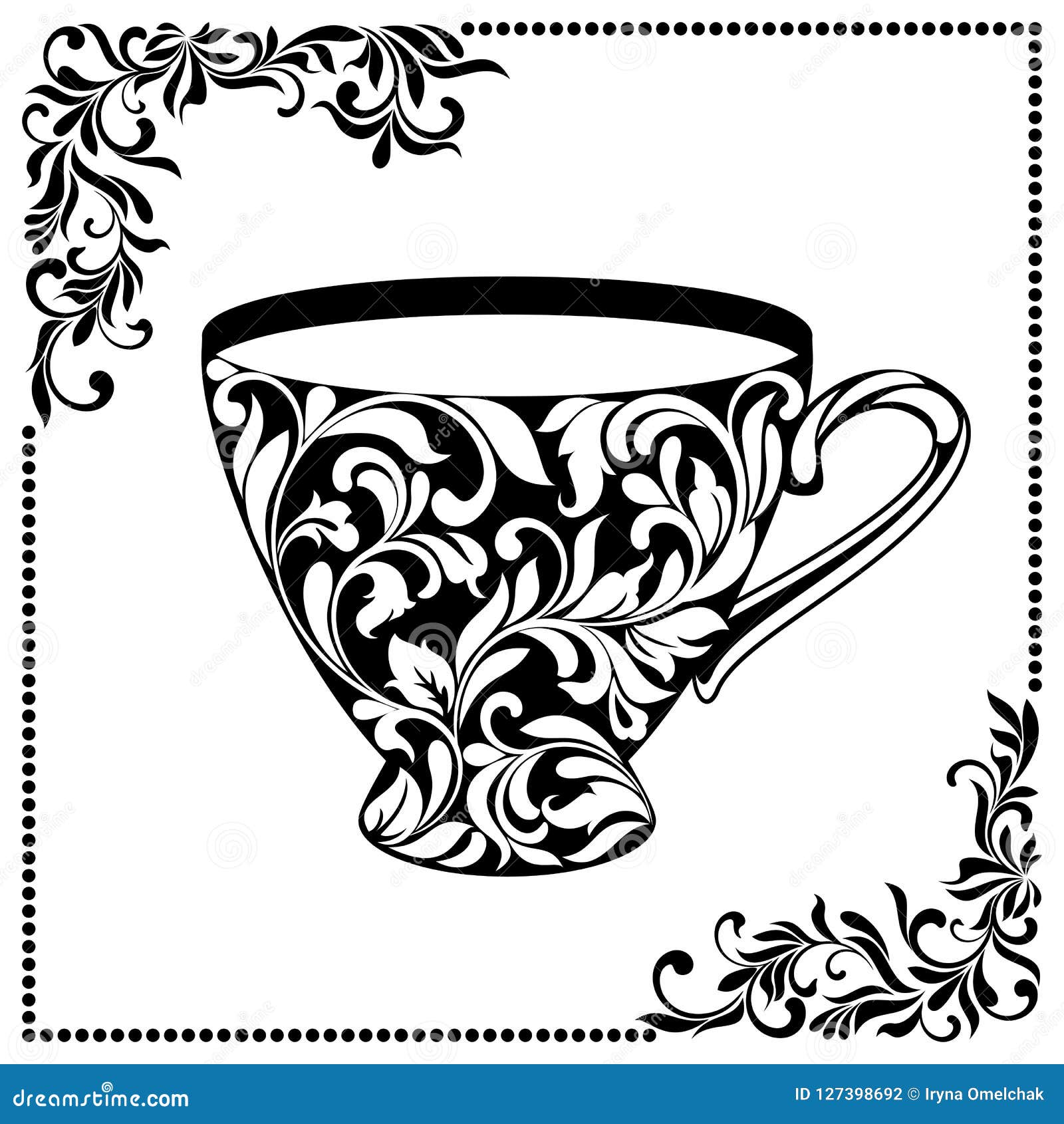 Cup with a Floral Pattern in a Vintage Frame on a White Background ...