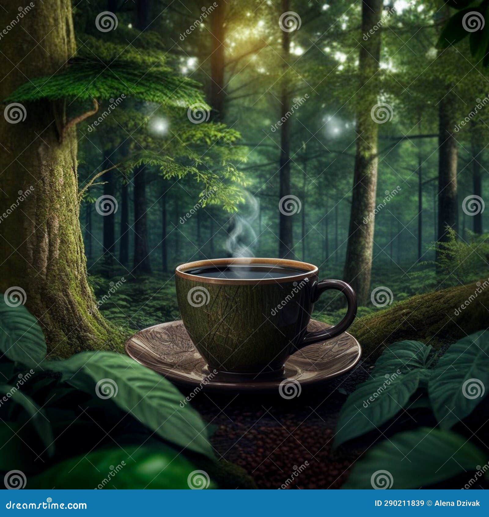 Coffee in the Green Forest. Generative AI. Stock Illustration ...