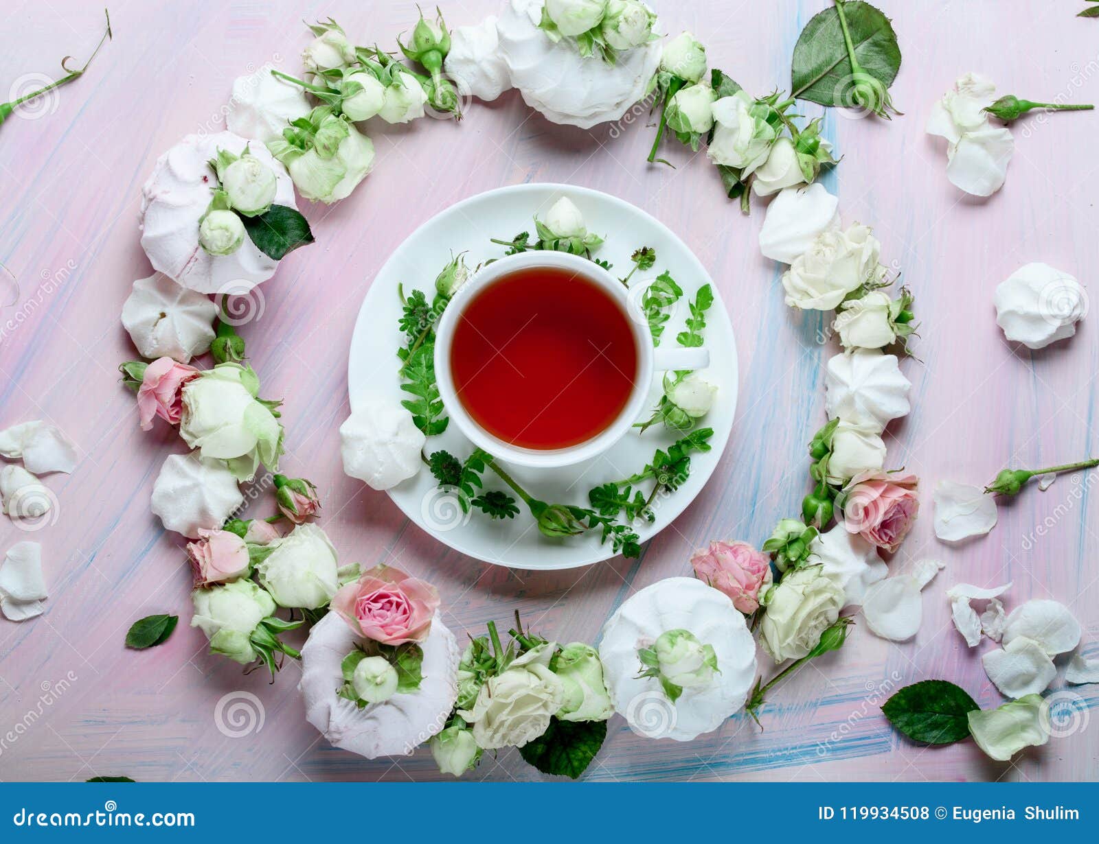 White Cup of Spring Tea with Rose Petals Stock Photo - Image of leaves ...