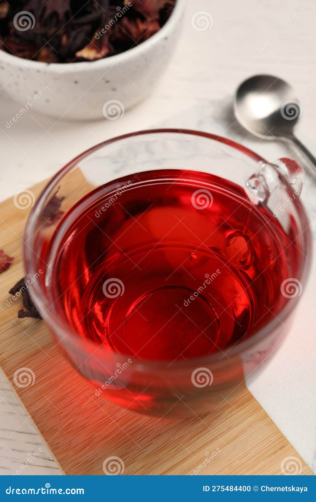Cup of Fresh Hibiscus Tea on Wooden Table, Above View Stock Photo ...