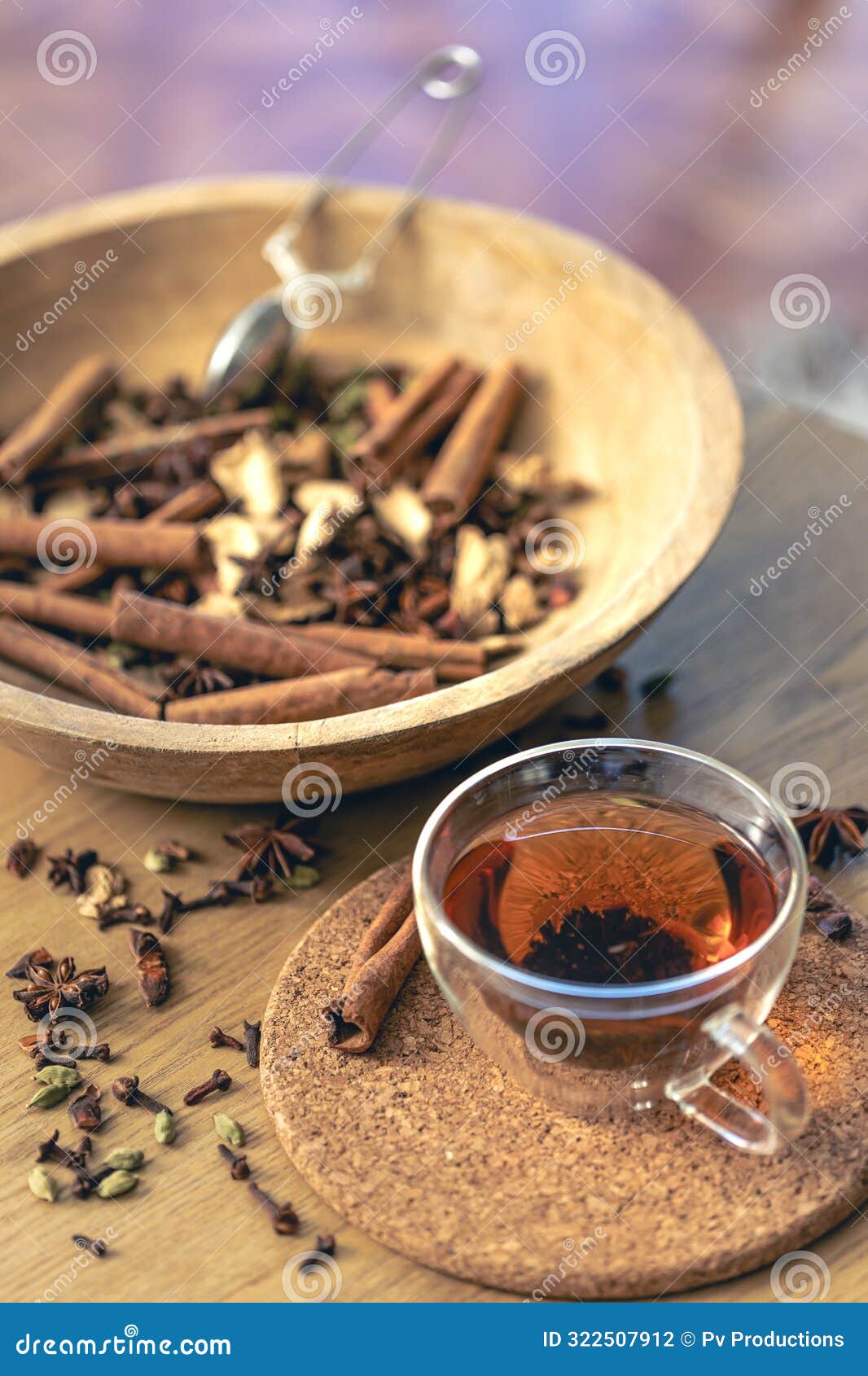 Cup of Freshly Brewed Black Tea, Different Types of Spices on Wooden ...