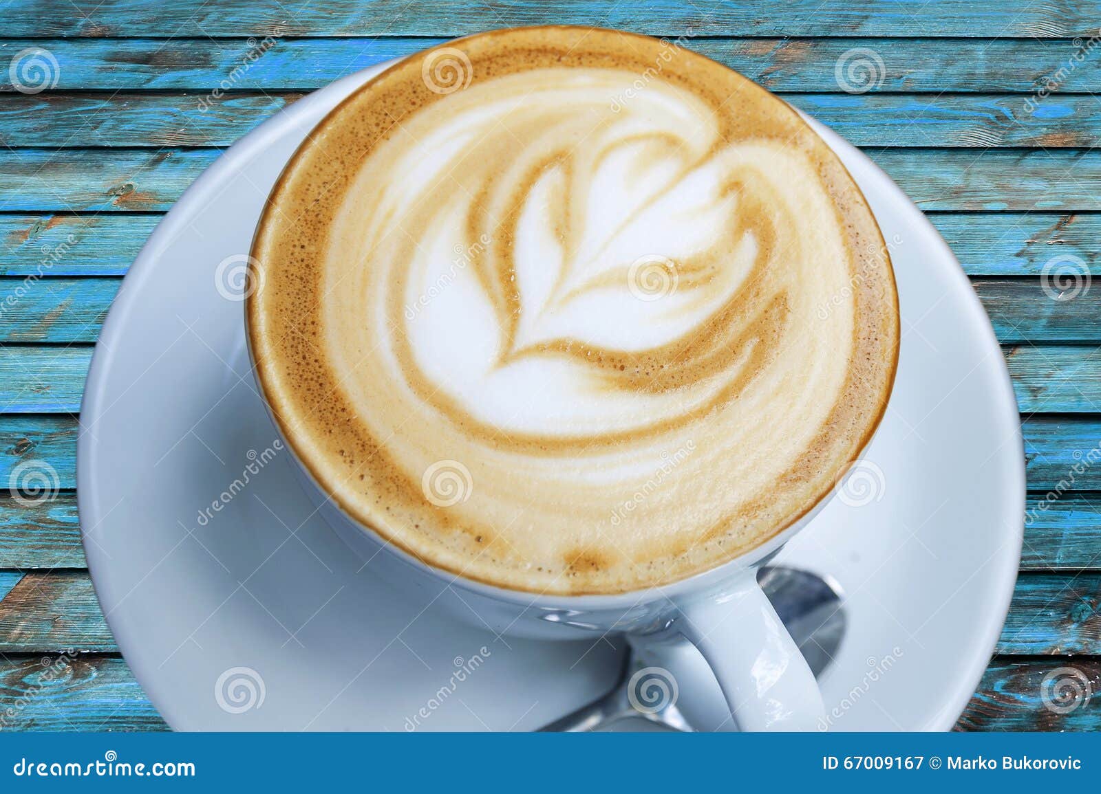 Cup of Freshly Made Espresso in Coffee Shop on Blue Wood Board Stock ...