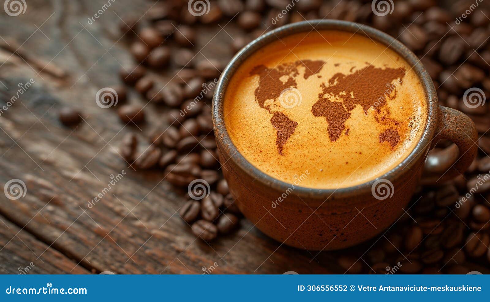 Cup Full of Espresso Coffee with World Map on Froth Crema Stock Photo ...
